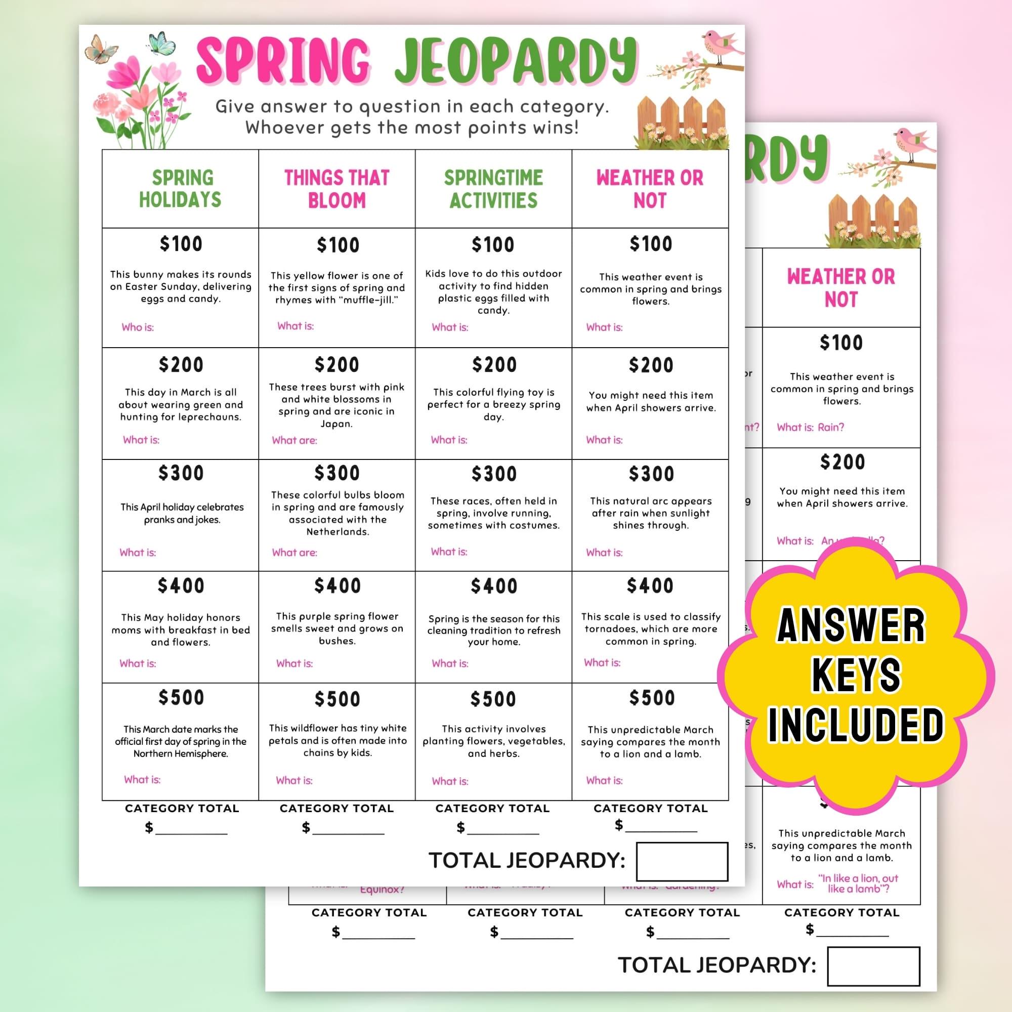 Spring Jeopardy Game, Printable Trivia, Family Game Night (digital ...