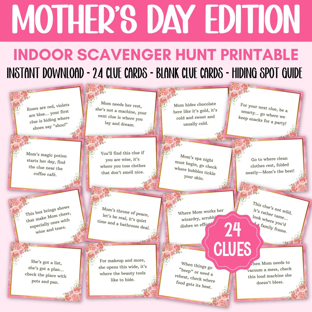 Mother’s Day Scavenger Hunt Clues | Indoor Treasure Hunt for Mom | Gift ...