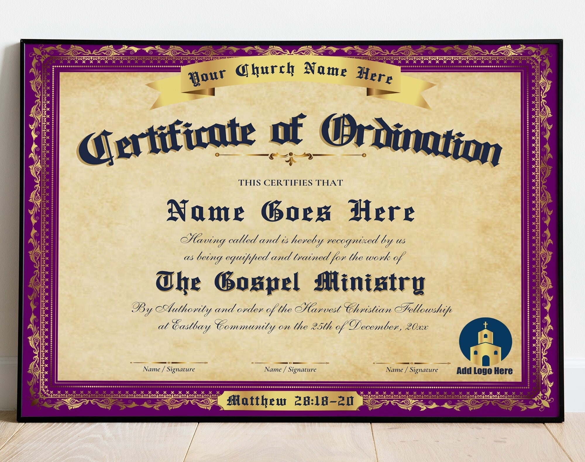 Ordination Certificate, Certificate of Ordination, Ordained Minister ...