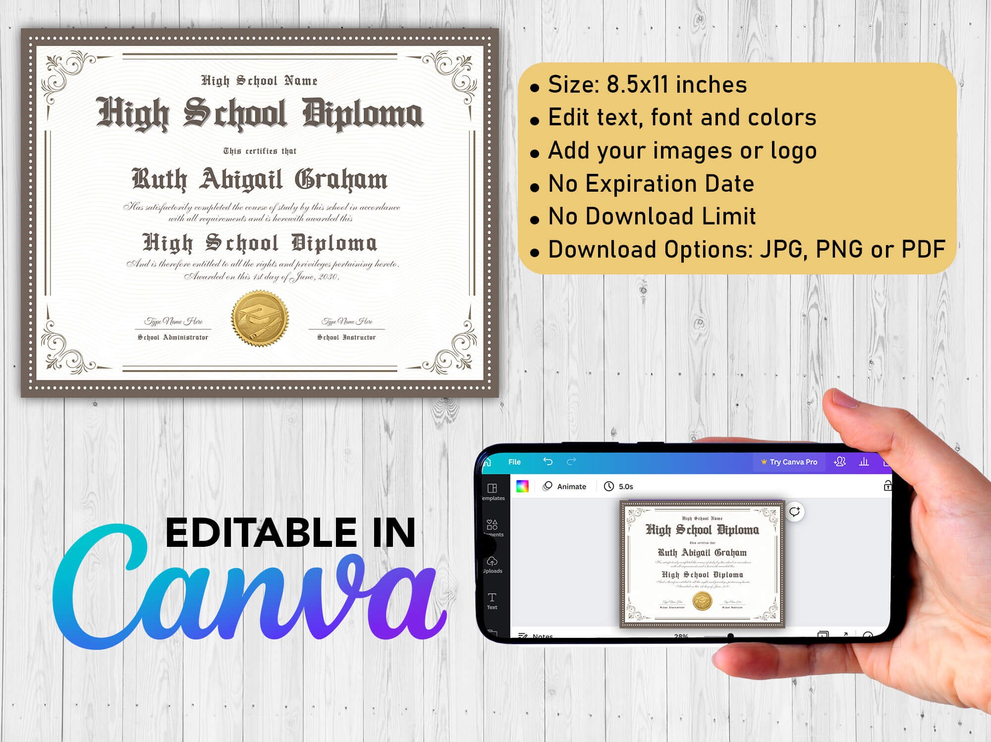 Editable Highschool Diploma Template, Custom Homeschool GED Diploma ...