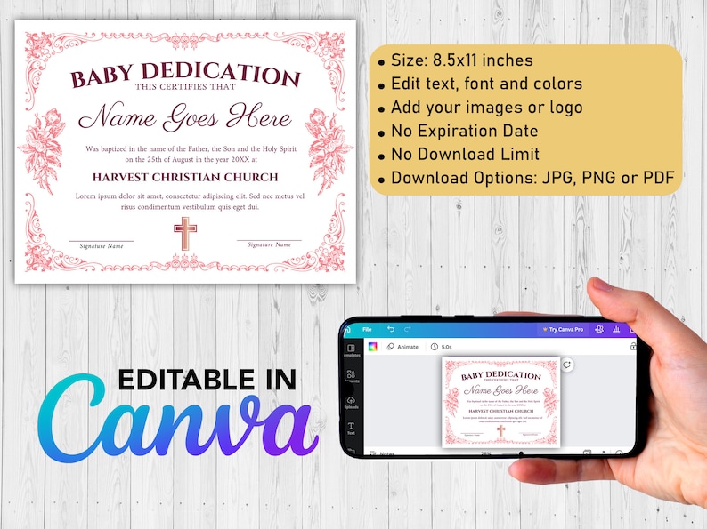 Pink Baby Dedication Certificate Template, Baptism Christening (digital ...