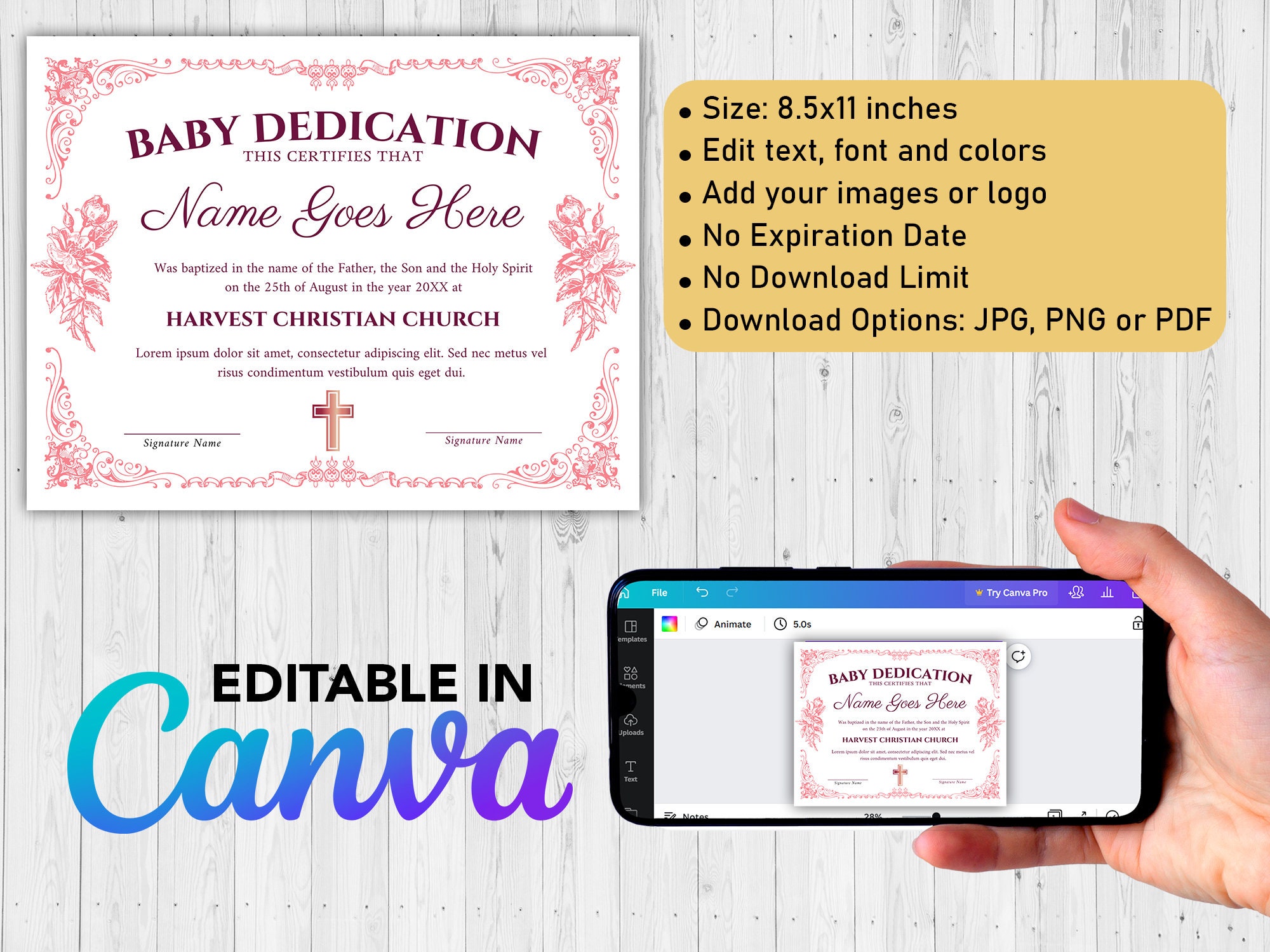 Pink Baby Dedication Certificate Template, Baptism Christening (digital ...