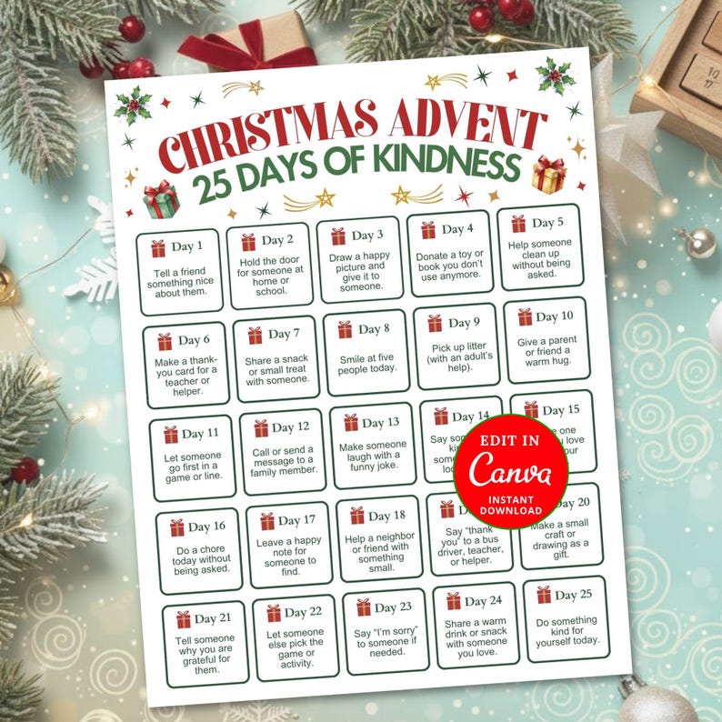 Christmas Kindness Advent Calendar: Family Activity Template (canva ...