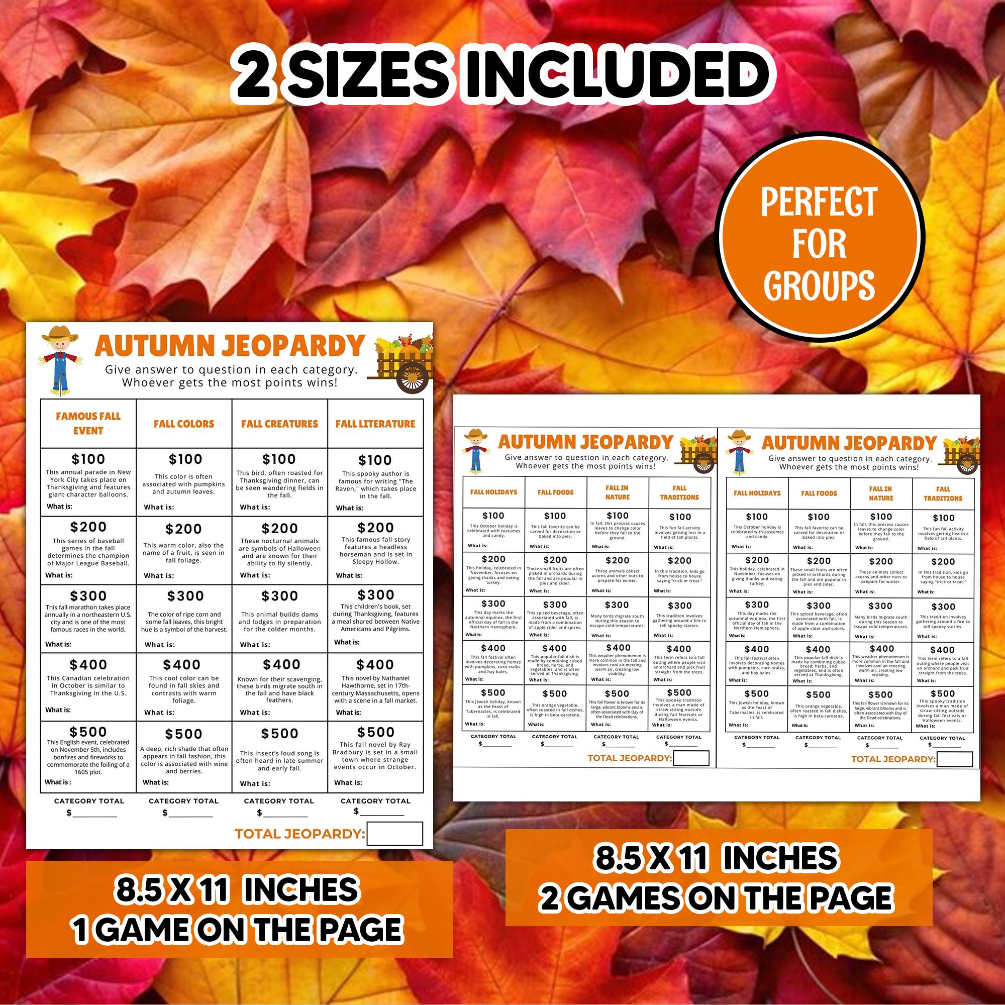 Autumn Jeopardy Game, Fall Trivia, Teens & Seniors (printable) - Etsy