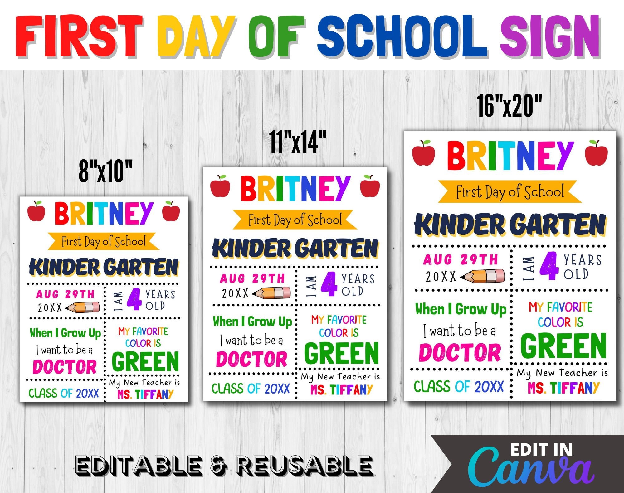 Colorful First Day of School Sign Printable, First Day of Kindergarten ...