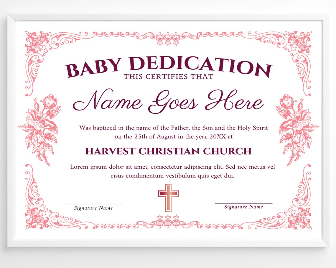 Baby Dedication Certificate Template, Child Dedication Certificate Pink ...