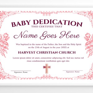 Pink Baby Dedication Certificate Template, Baptism Christening (digital ...