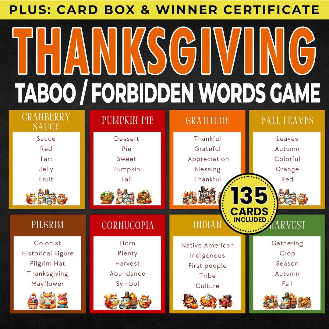 Thanksgiving Taboo Game, Printable Fall Activity, Thanksgiving Party ...
