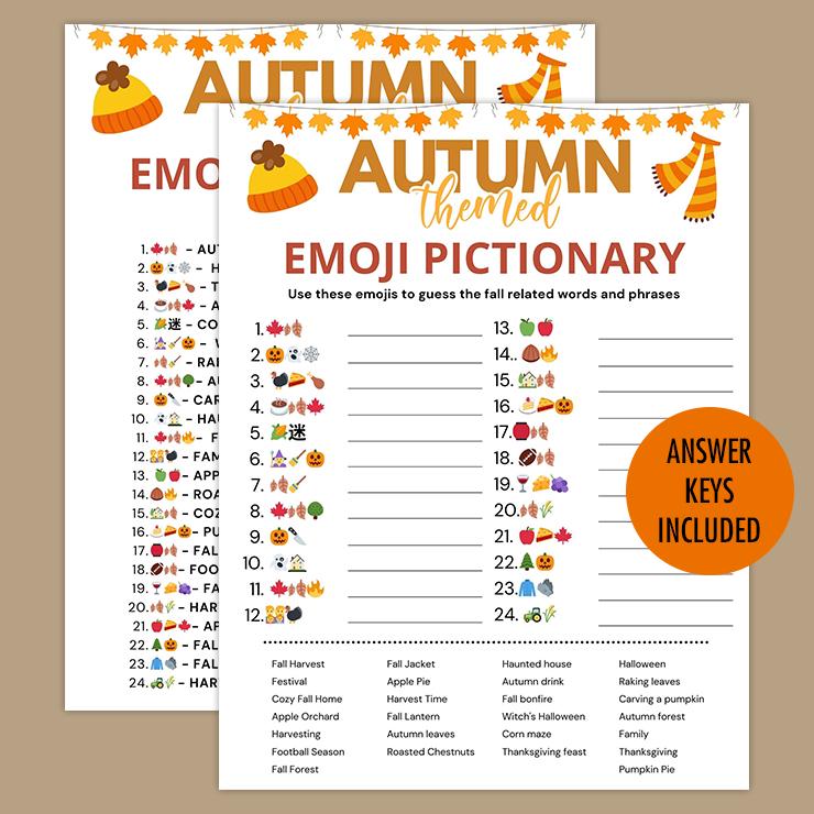 Fall Emoji Pictionary Game Printable Autumn Games Fall Time Activities ...