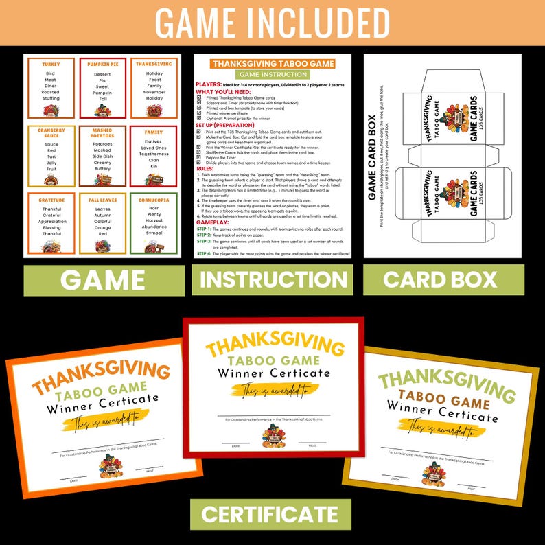 Thanksgiving Taboo Game Cards, Party Game, Printable Thanksgiving ...