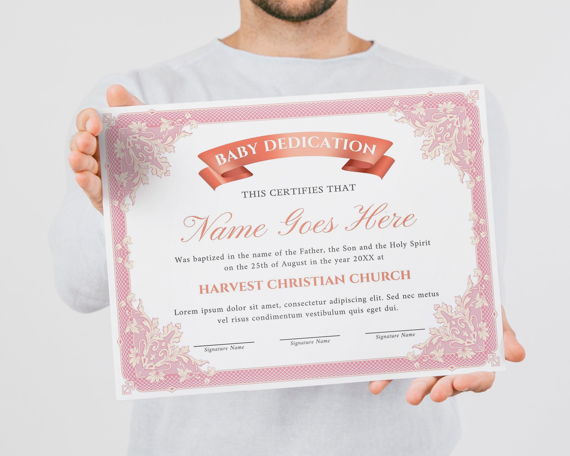 Girl Baby Dedication Certificate Template, Pink Border (digital ...