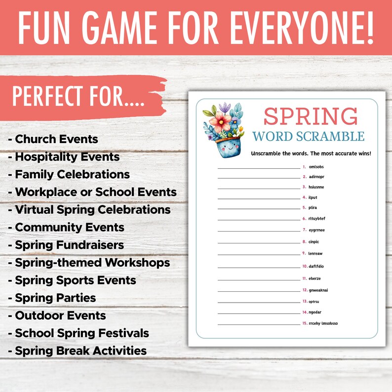Spring Word Scramble Game Printable Springtime Games Party Games Spring ...