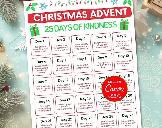 Printable Christmas Acts of Kindness Advent Calendar Card | Kids ...