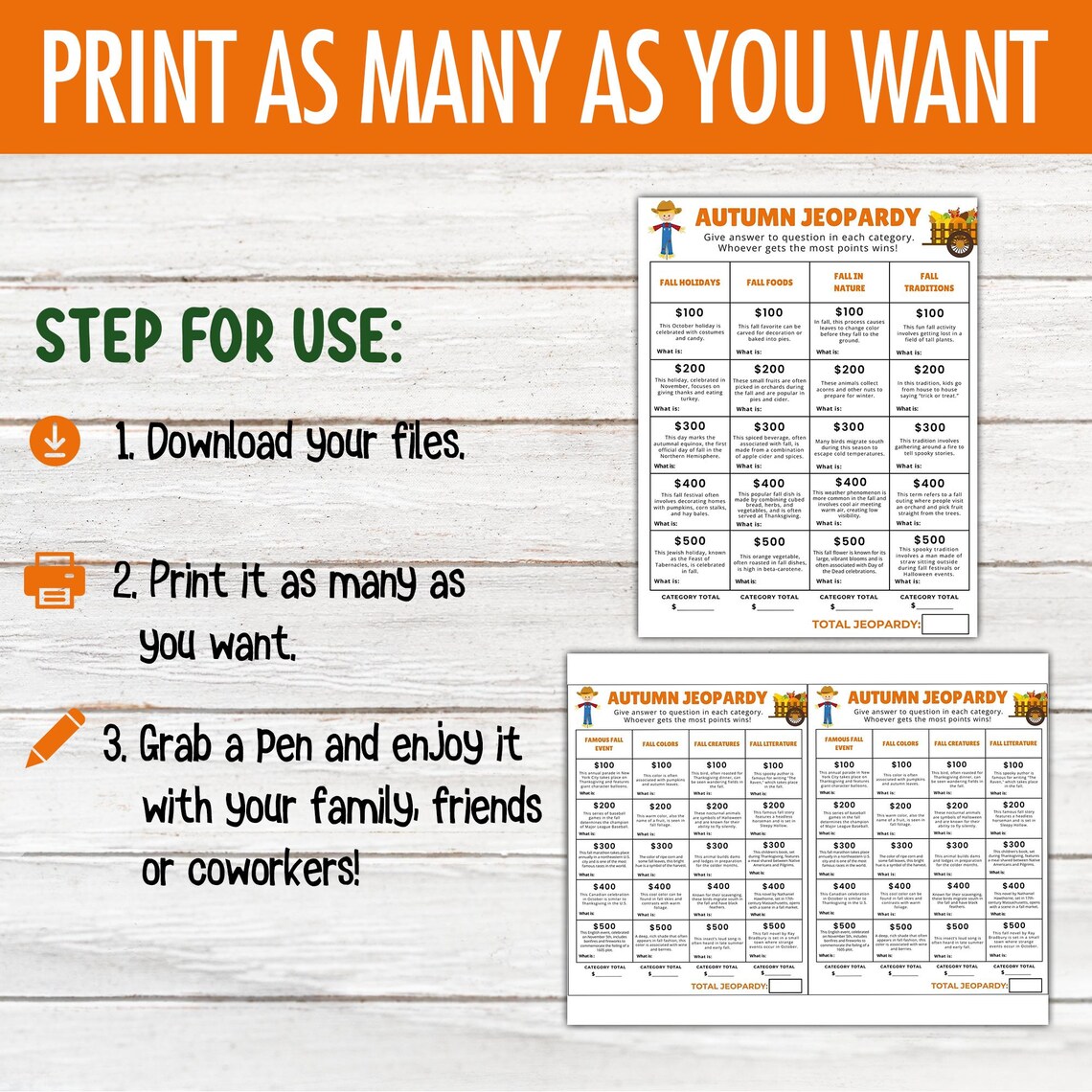 Autumn Jeopardy Game, Fall Trivia, Teens & Seniors (printable) - Etsy