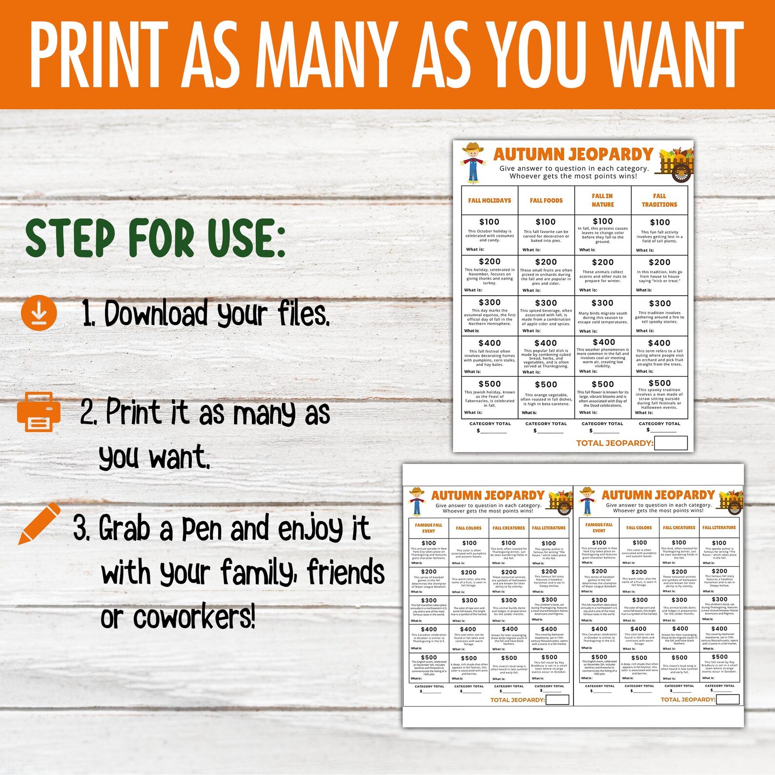 Autumn Jeopardy Game, Fall Trivia, Teens & Seniors (printable) - Etsy