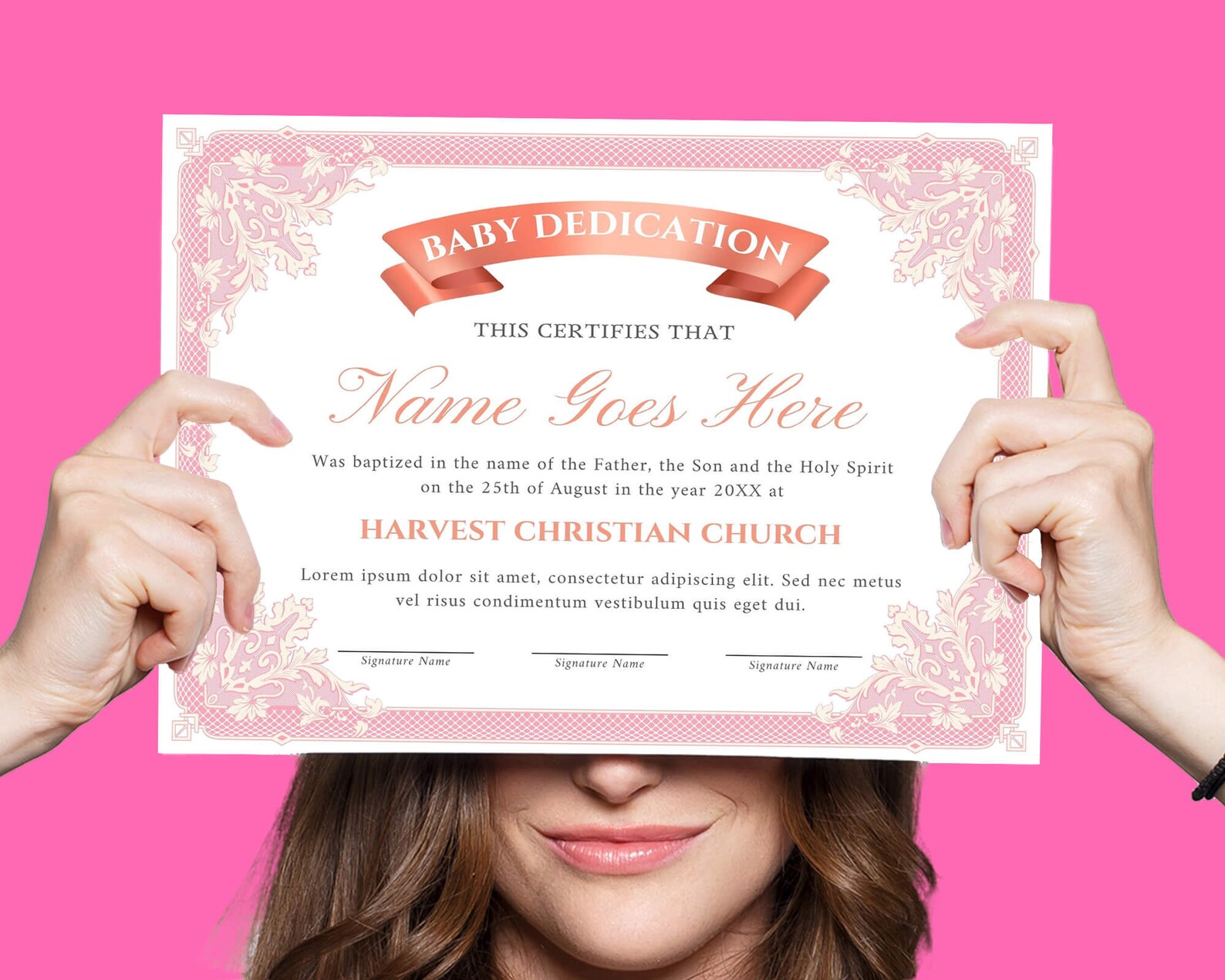 Girl Baby Dedication Certificate Template, Pink Border (digital ...