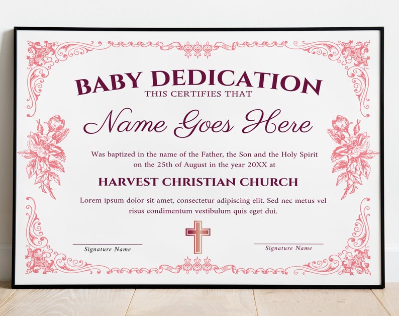 Baby Dedication Certificate Template, Child Dedication Certificate Pink ...
