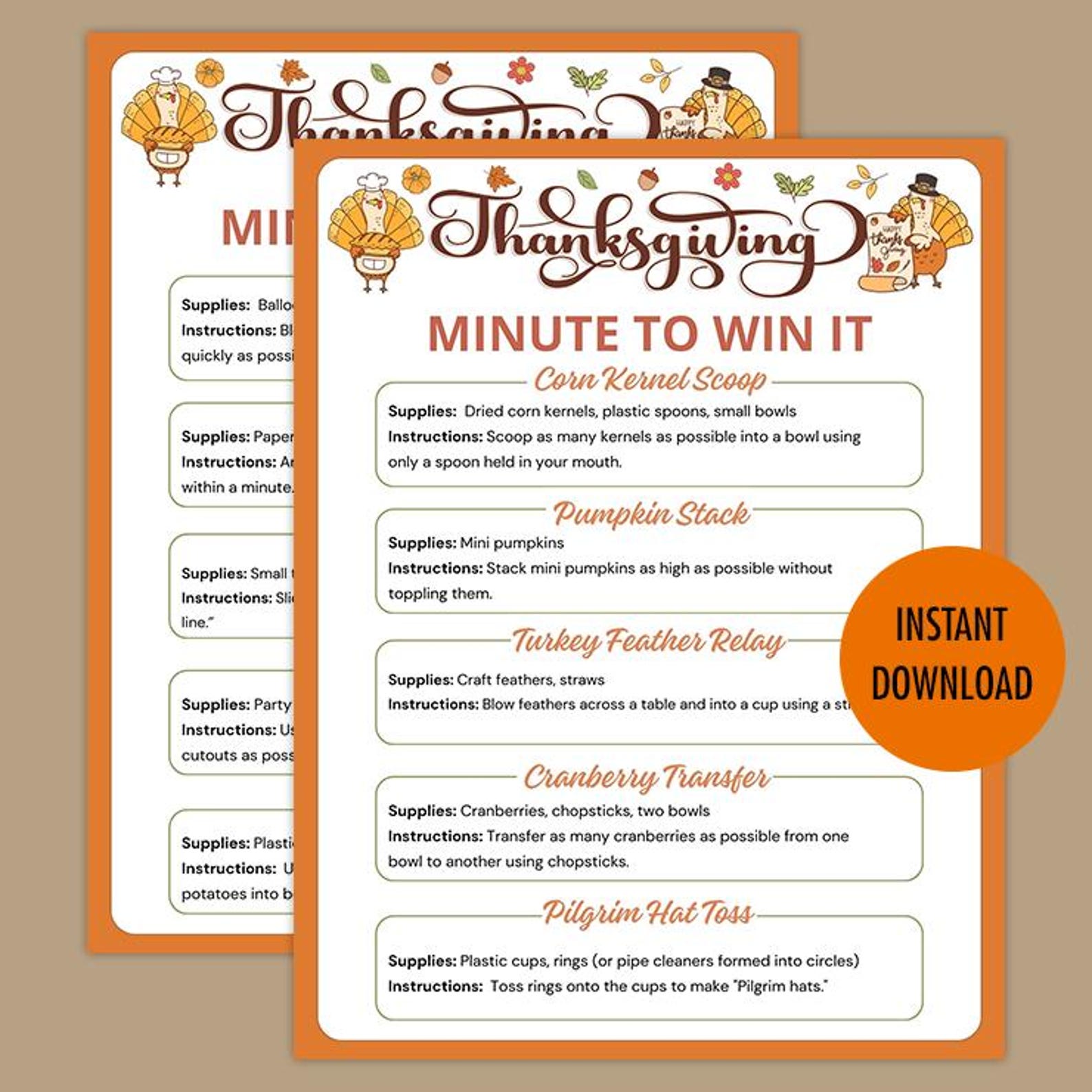 Thanksgiving Minute to Win It Games, Printable Party Activity (digital ...