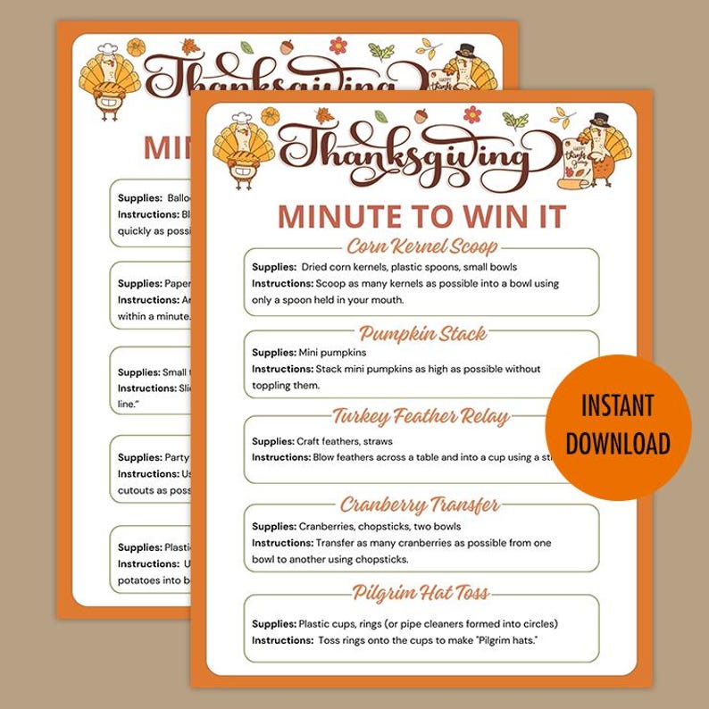 Thanksgiving Minute to Win It Games, Printable Thanksgiving Party Game ...