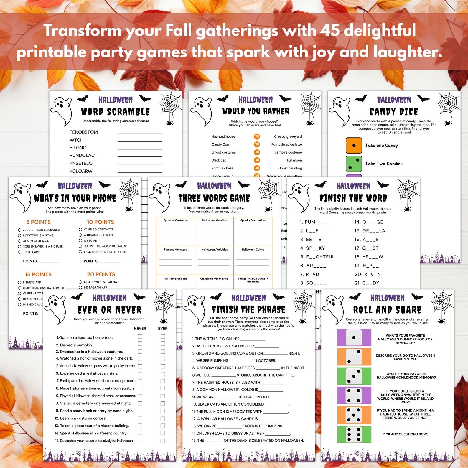 Printable Halloween Party Games Bundle, Spooky Activities (PDF) - Etsy