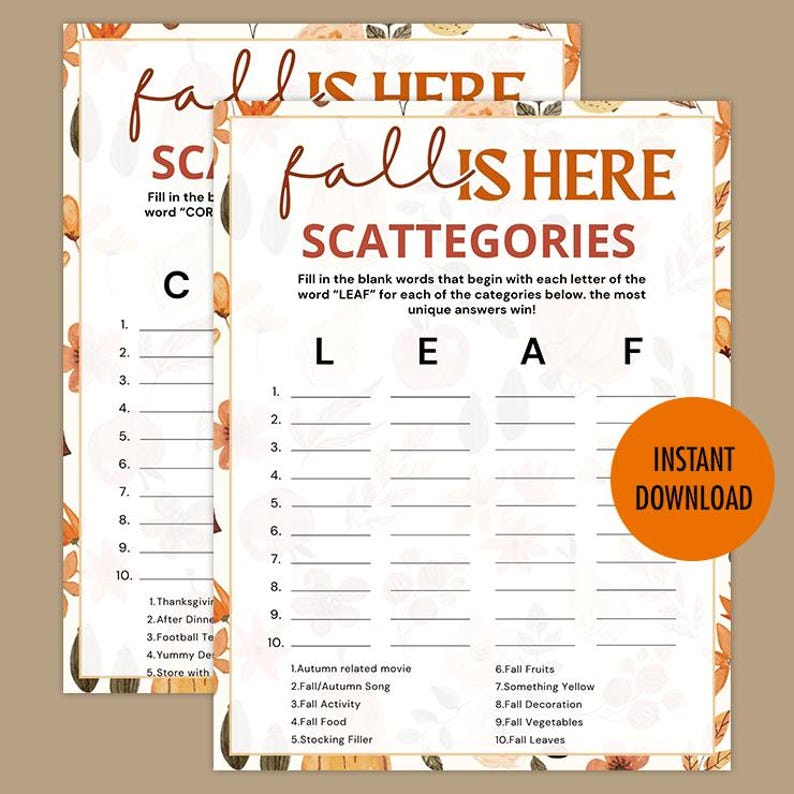 Scattergories Fall Printable Game, Autumn Games Printable, Fall Games ...