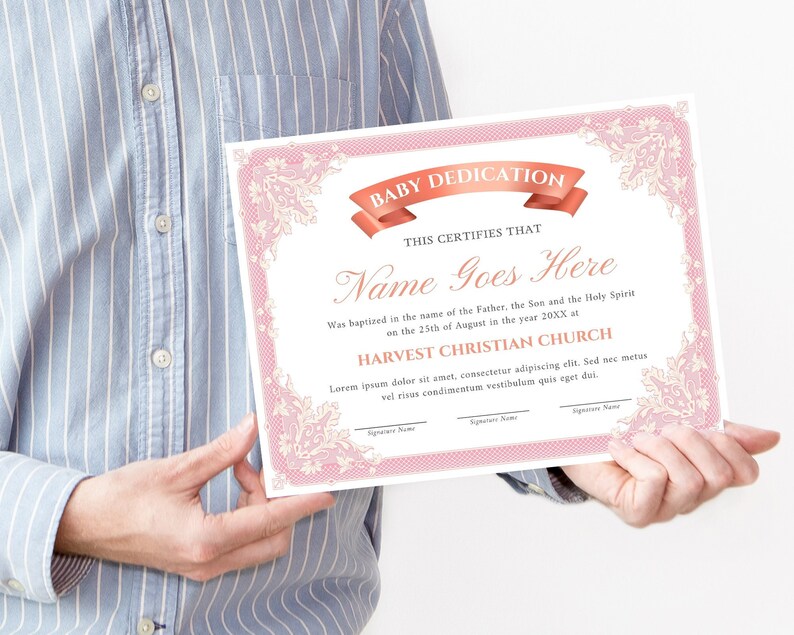Girl Baby Dedication Certificate Template, Pink Border (digital ...