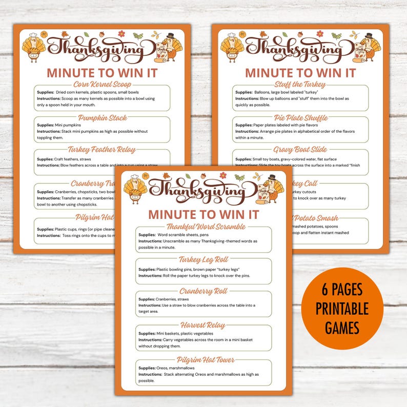 Thanksgiving Minute to Win It Games, Printable Party Activity (digital ...