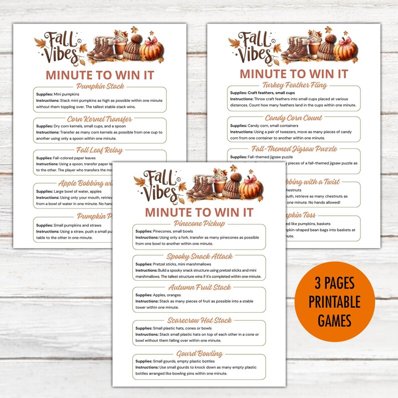 Fall Minute to Win It Games, Autumn Party Games (printable) - Etsy