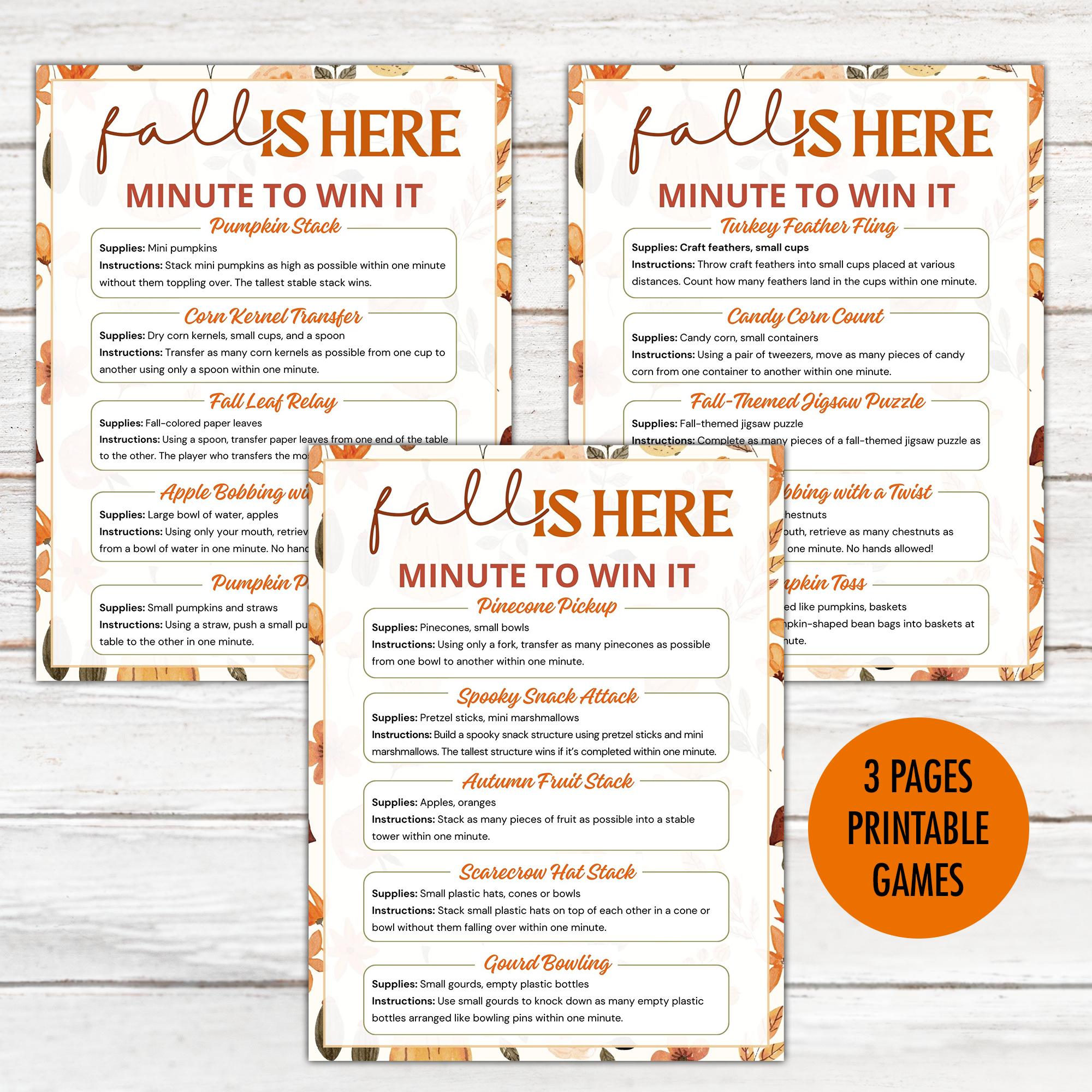 Fall Minute to Win It Games, Thanksgiving Autumn Party (printable) - Etsy