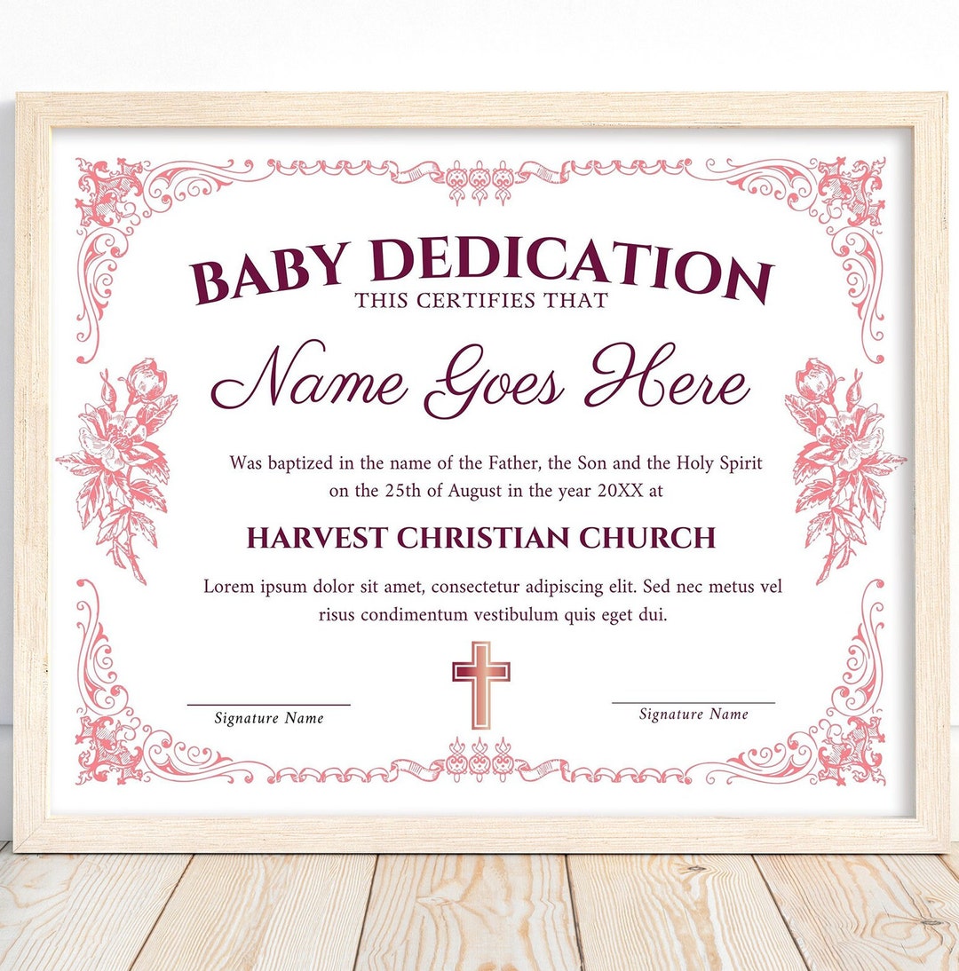 Pink Baby Dedication Certificate Template, Baptism Christening (digital ...