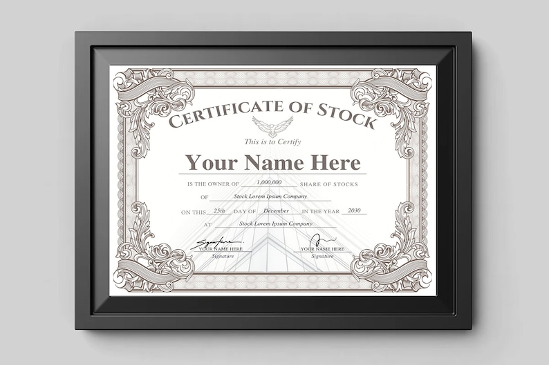 Certificate of Stock, Editable Stock Certificate Template, Certificate of Shares, Stock Market ...