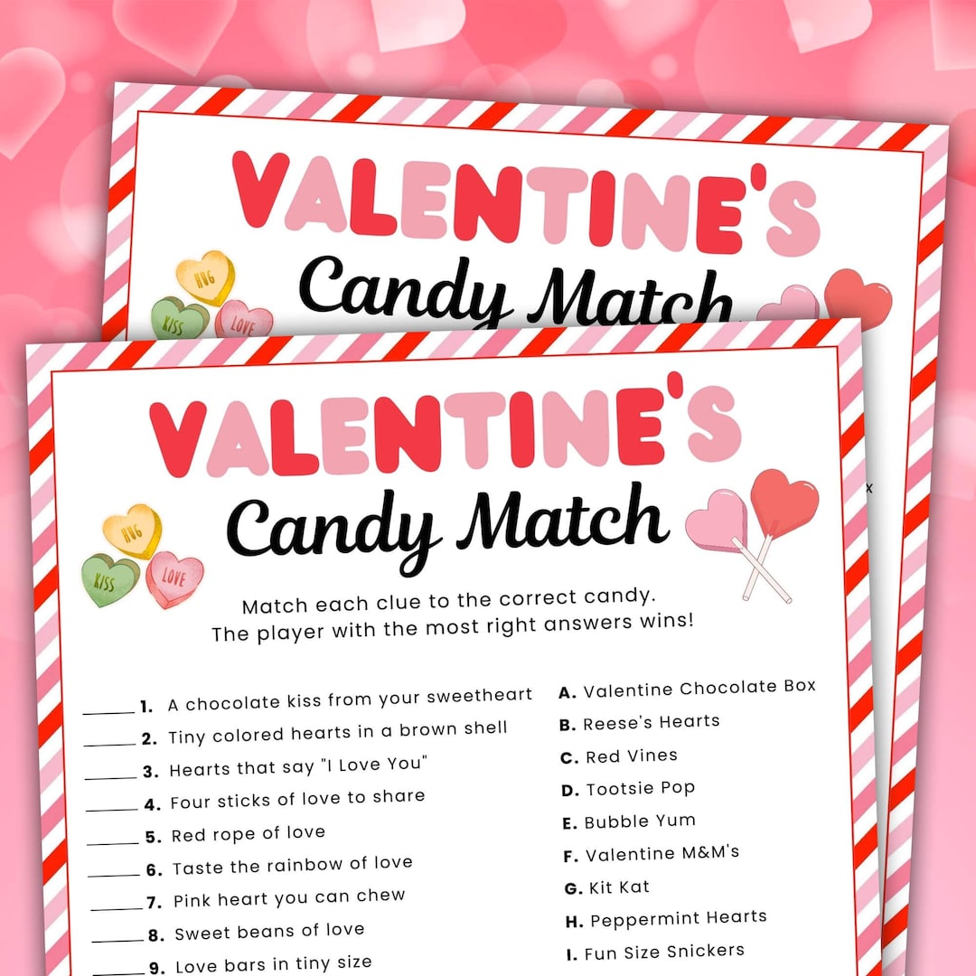 Fun Printable Valentine Candy Match Trivia Game | Valentine Day Game ...