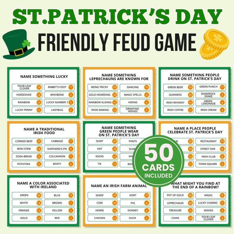 St Patrick's Day Friendly Feud Game | Printable St Patrick's Day Trivia ...