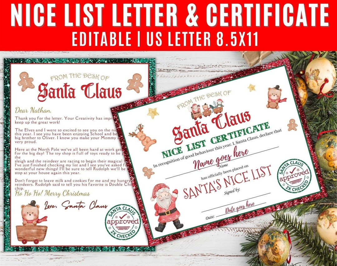 Editable Santa Letter and Nice List Certificate Bundle (digital ...