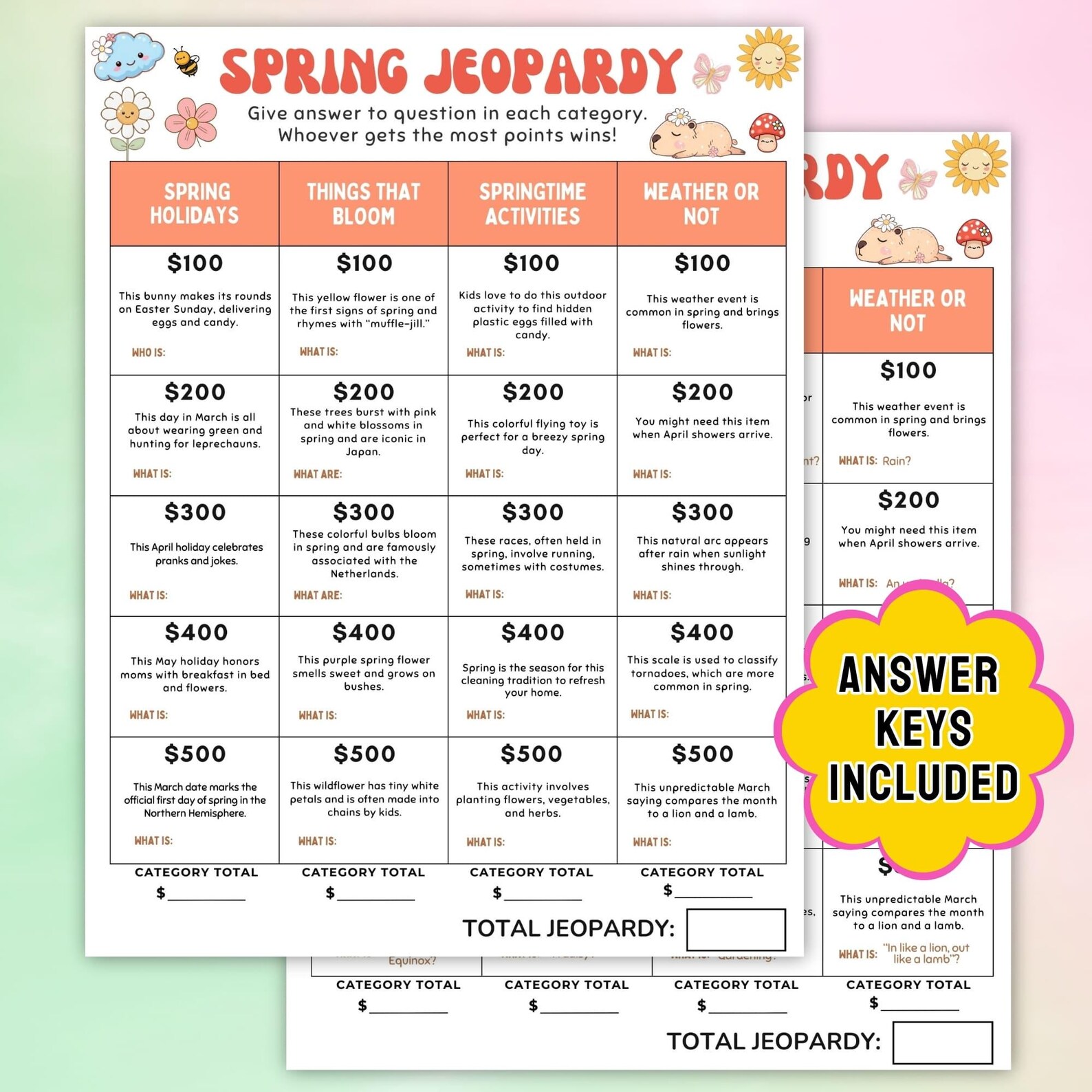 Spring Jeopardy Trivia Game, Printable Party Activity (instant Download ...