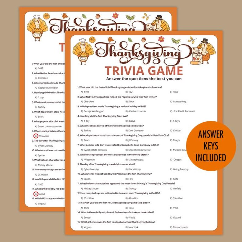 Thanksgiving Trivia Game | Printable Turkey Day Activity (PDF) - Etsy