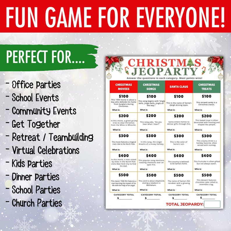 Christmas Jeopardy Game, Holiday Trivia for Family Reunion (printable ...