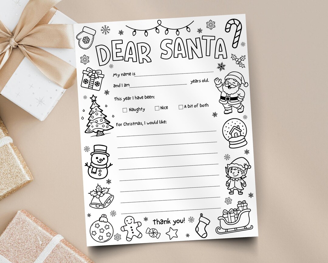 Letter to Santa Printable Colouring Page, Christmas Wish List, Dear ...