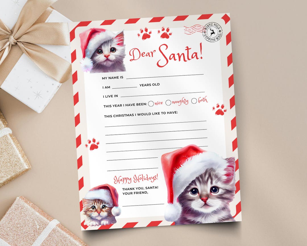 Letter to Santa Printable, Christmas Cats Wish List, Dear Santa Claus ...