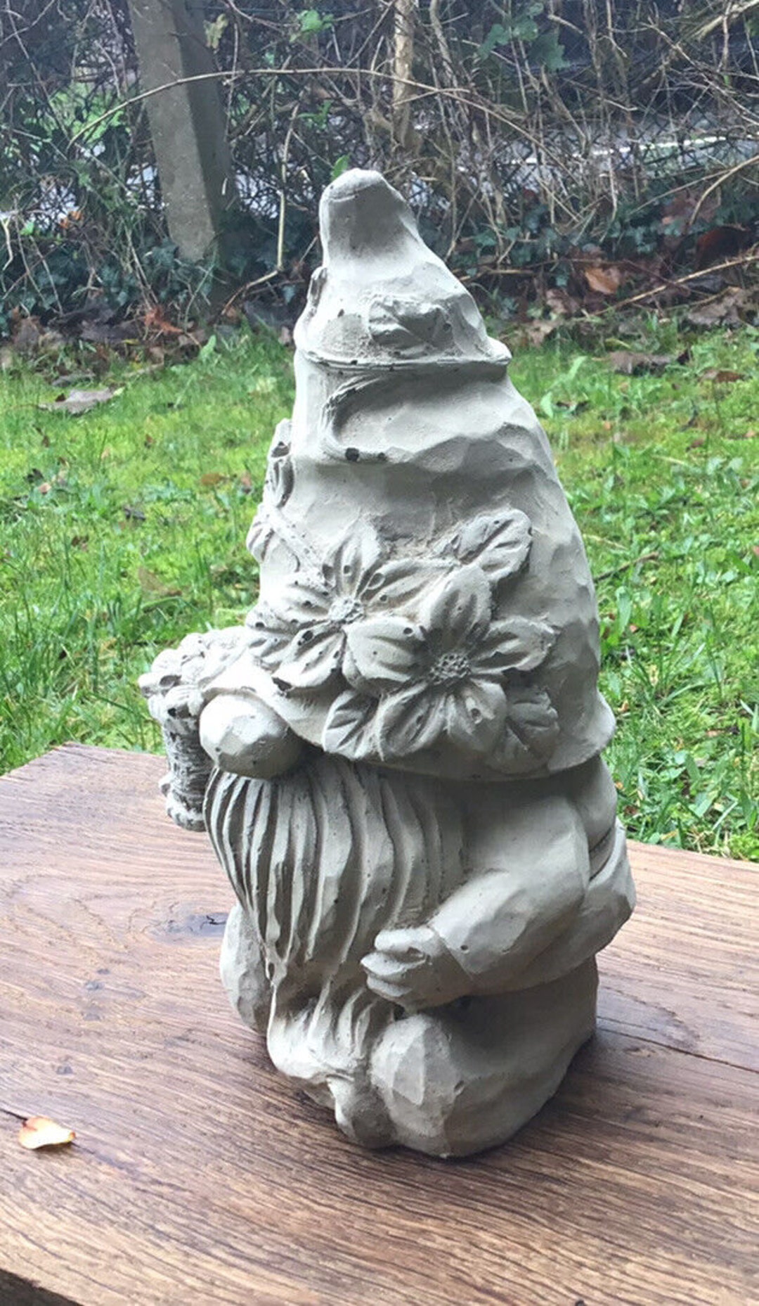 Stone Garden Gonk Gnome With Flowers on Hat Cast Stone Garden Ornament ...