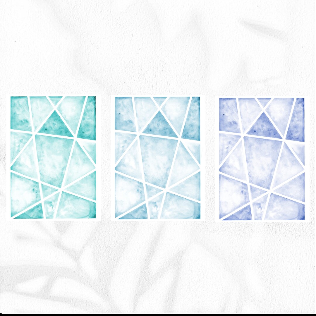Gradient Blue Triangle Wall Art Print: Set of 3 Abstract Prints of Hand ...