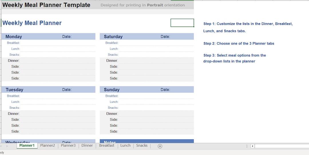 Weekly Meal Planner Excel Template - Etsy