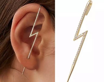 Gold Plated Micro Pave Lightning Bolt Ear Cuff Bar Earring - Etsy