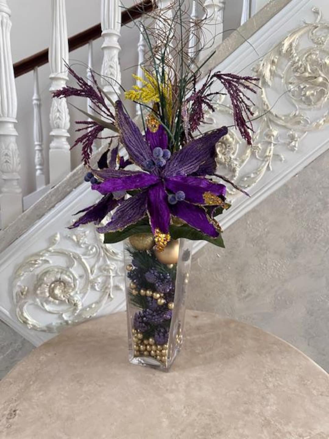 Purple Gold Christmas Centerpiece Arrangement | Poinsettia Beaded ...