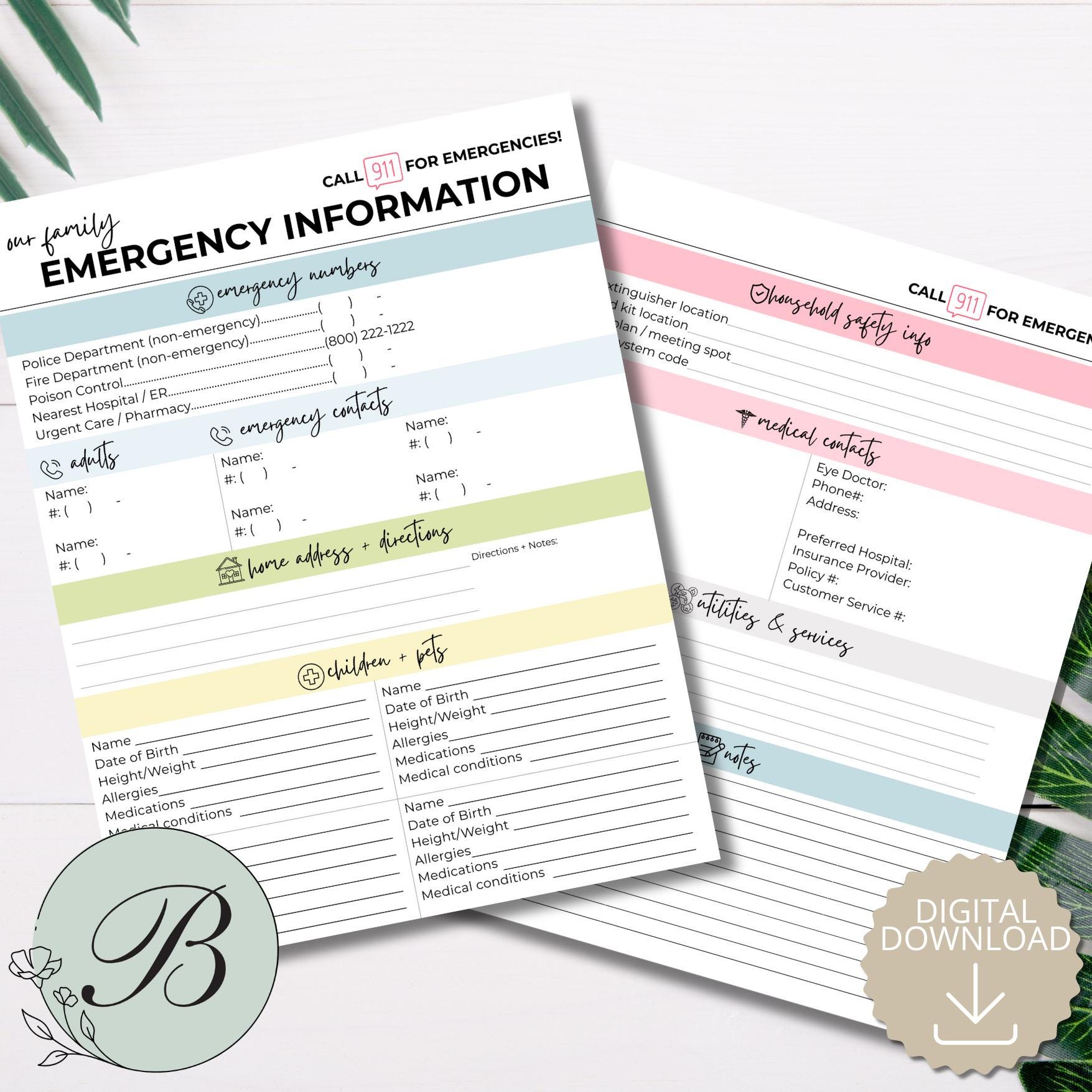 Family Emergency Information Sheet: Editable Template & Printable PDF ...