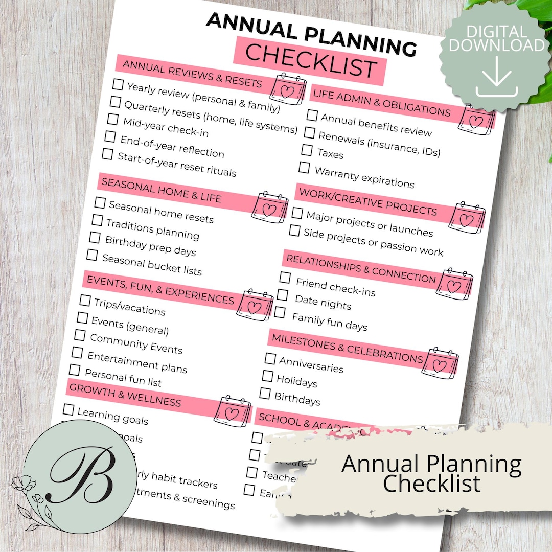 Annual Planning Checklist | Yearly Goals, Life Organizer (digital ...