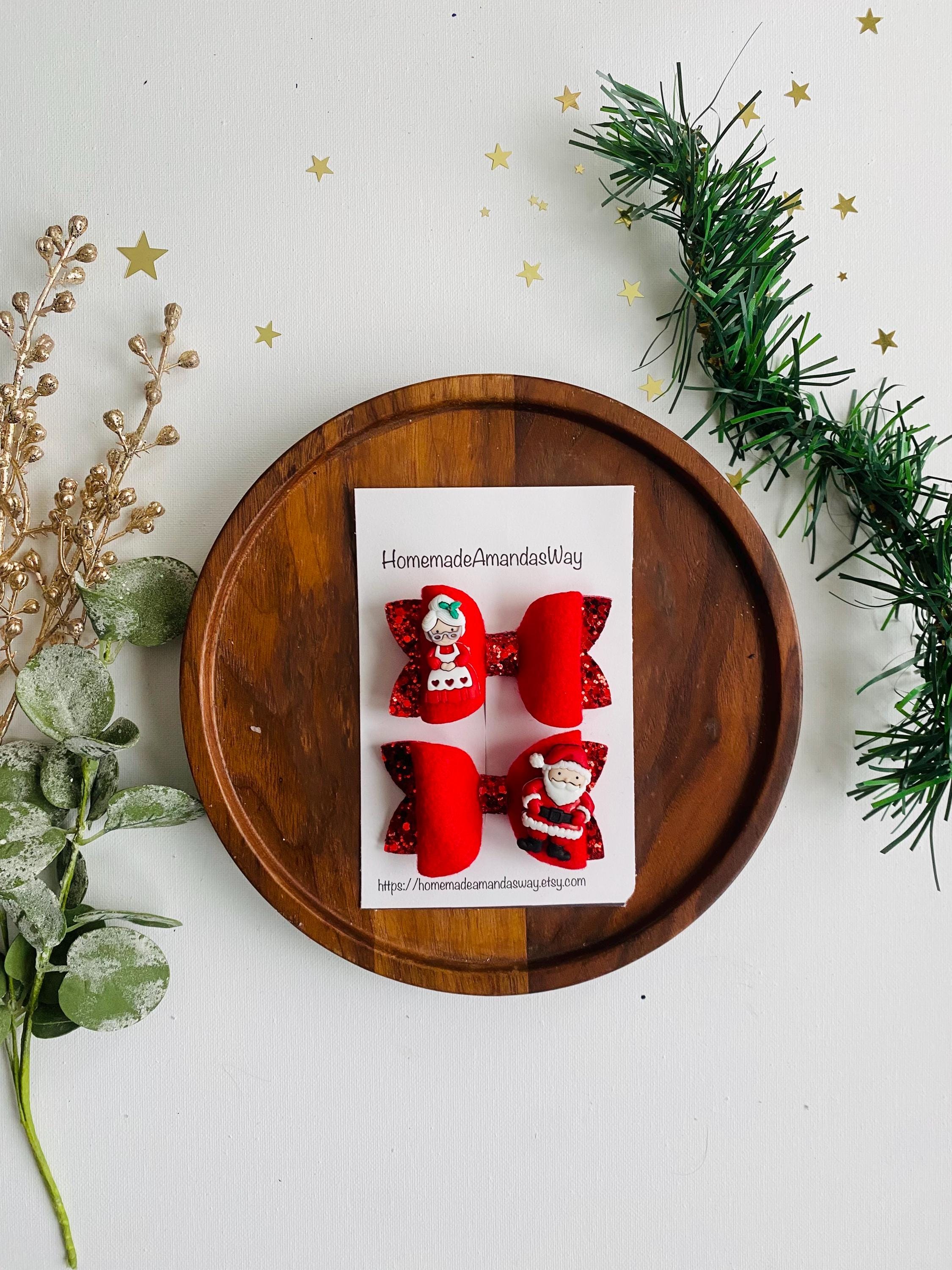 Santa and Mrs Claus Pigtail Bows| Clay Santa Bow| Christmas Bow| Bow ...