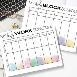 Watercolor Daily Block Schedule, Work Schedule, Fillable PDF Instant ...