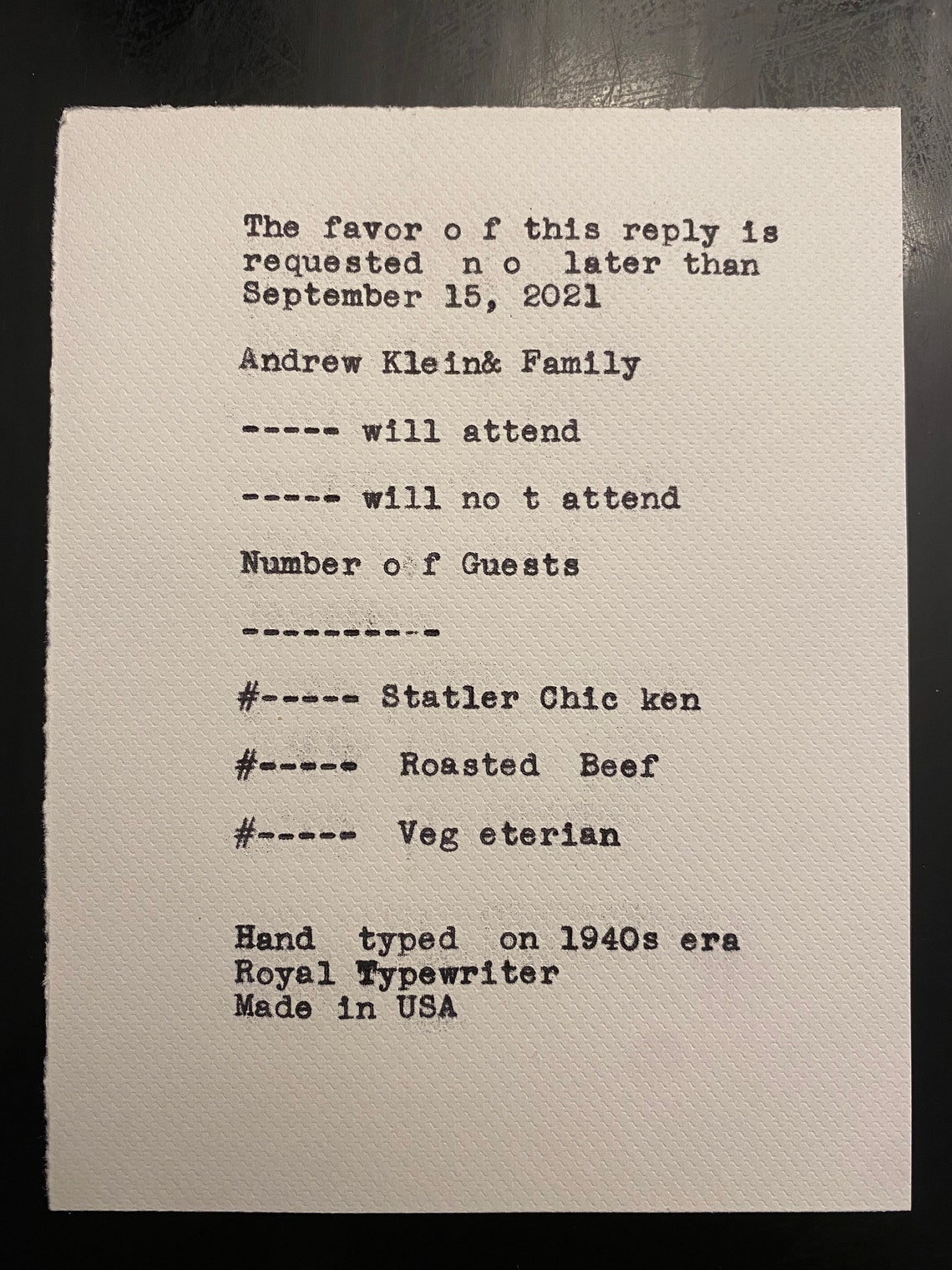 Individualized Hand Typed Invitations on 1940's Era Royal Co ...