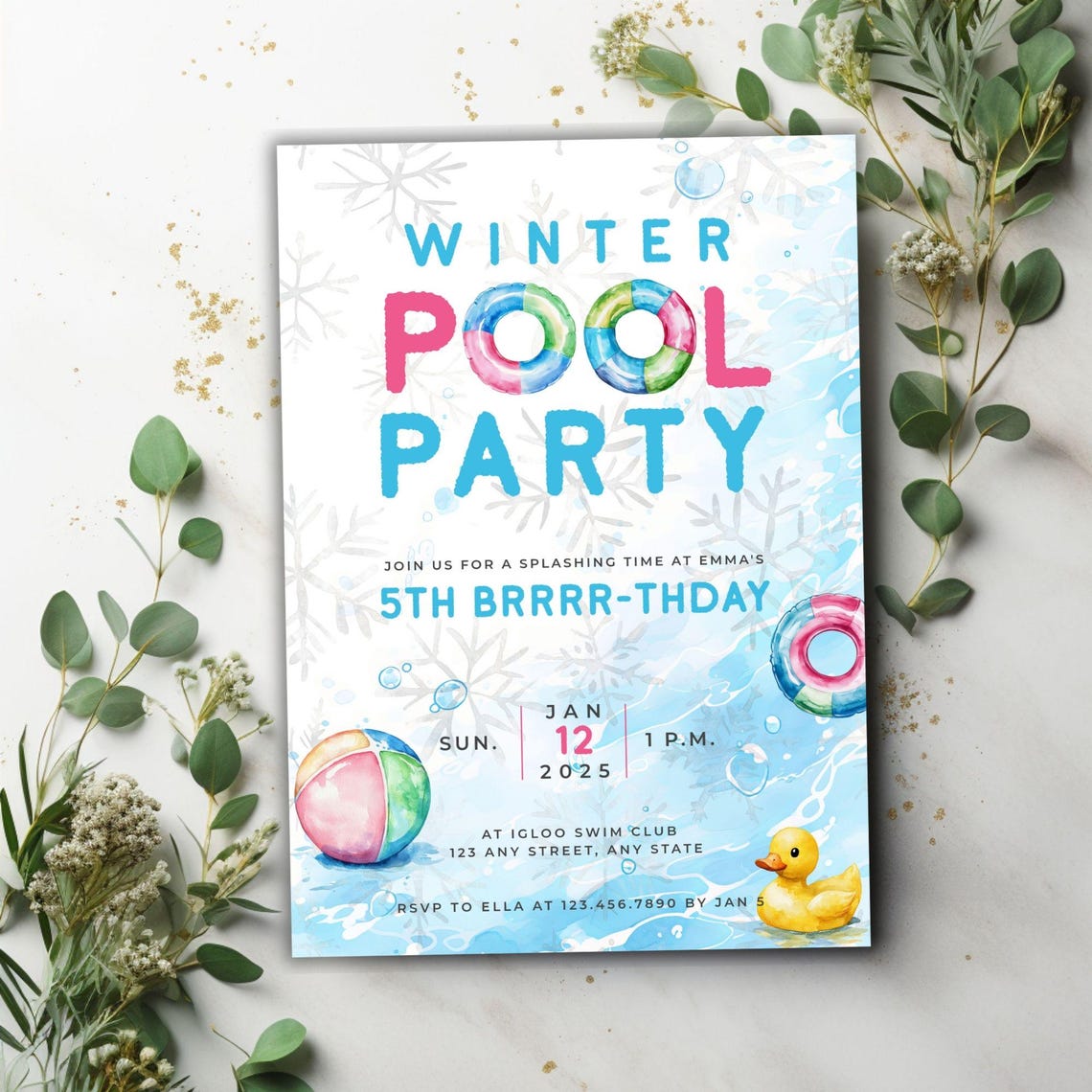 Winter Pool Party Birthday Invitation, Swimming Birthday Party, Girl's ...